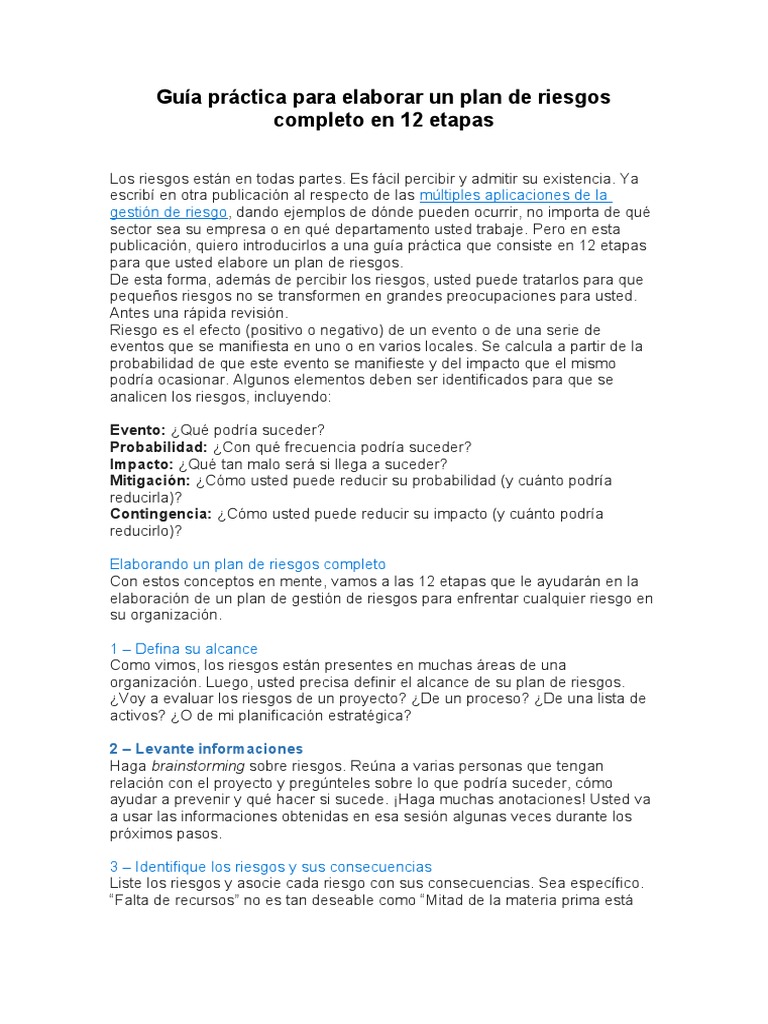 Guía Práctica para Elaborar Un Plan de Riesgos Completo en 12 Etapas ...