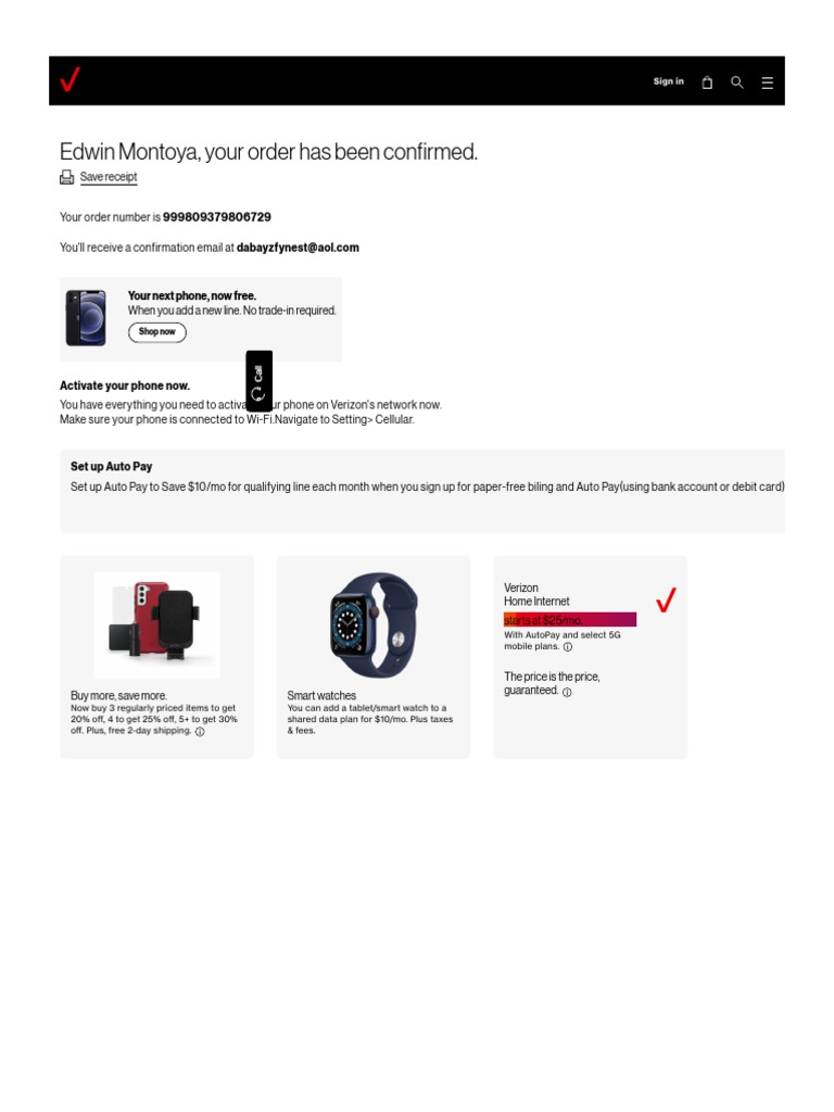 Verizon Order Confirmation Details | PDF | Finance & Money Management | Law