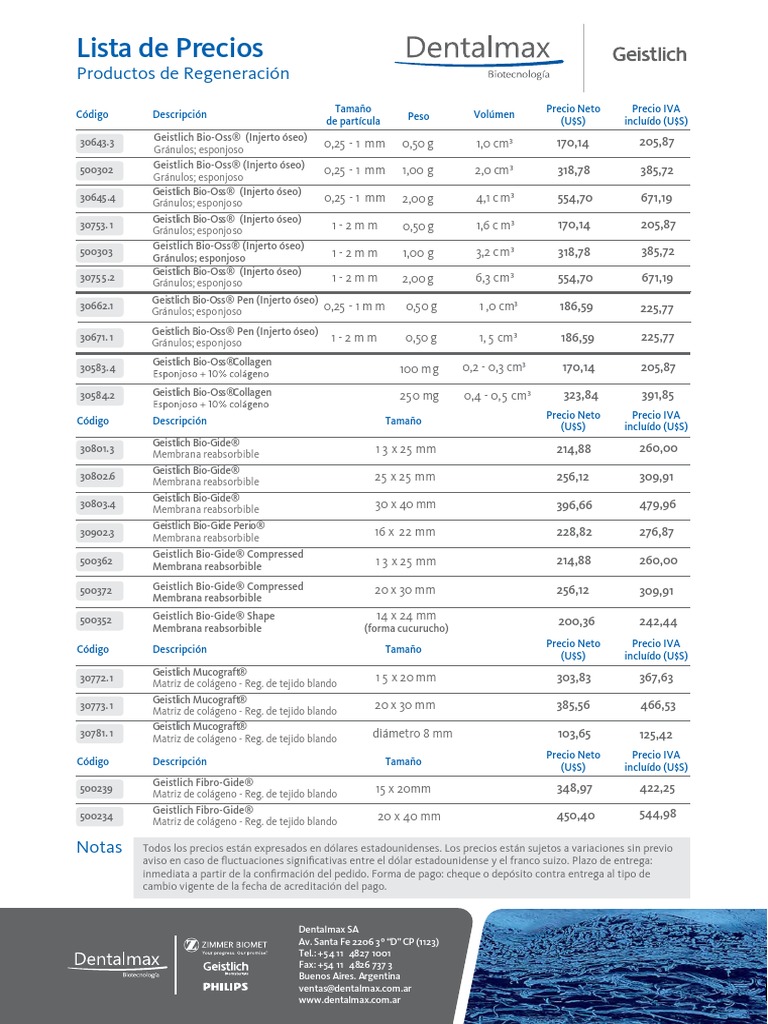 Geistlich - Lista de Precios - Bio-Oss - Bio-Gide - Mucograft - Fibro ...