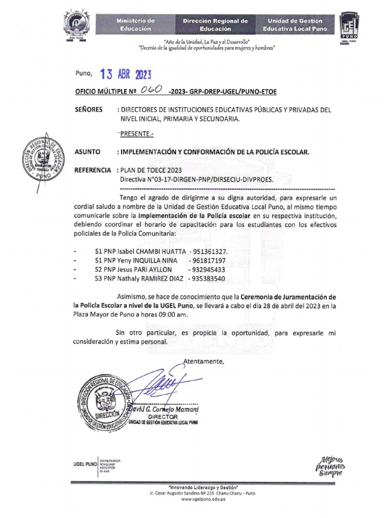 Oficio Implementacion Conformacion y Juramentacion de La Policia ... Oficio Implementacion Conformacion y Juramentacion de La Policia ...