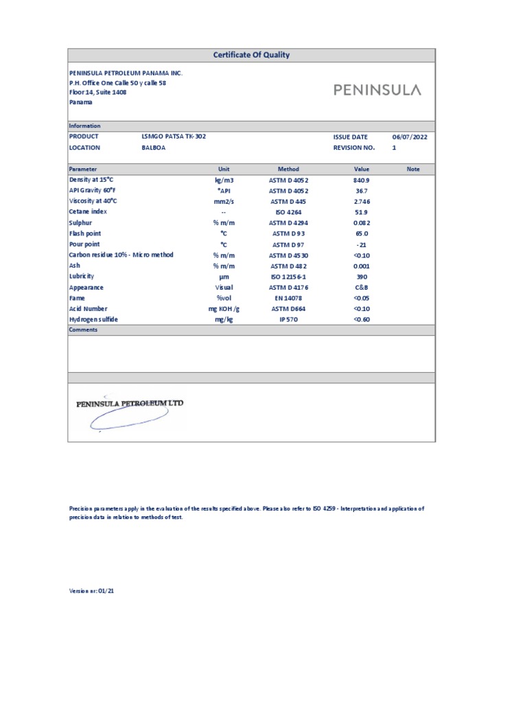 LSMGO Quality Certificate Panama | PDF | Chemical Substances | Physical ...