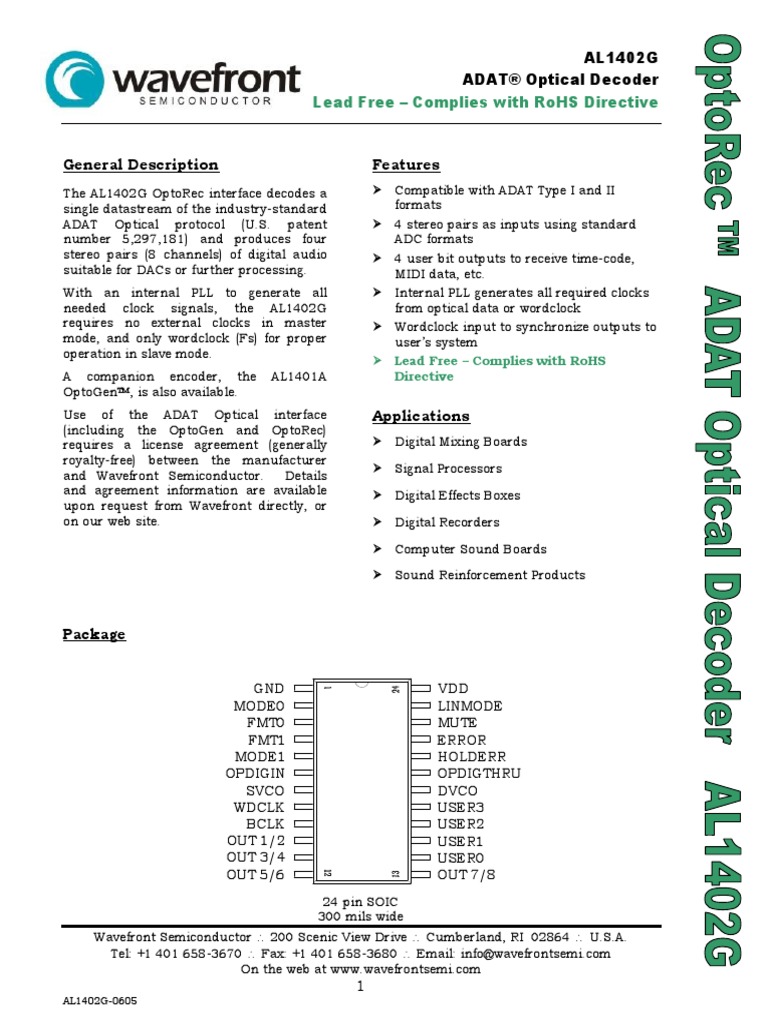 Wavefront AL1402G OptoRec Data Sheet | PDF | Digital To Analog Converter | Electricity