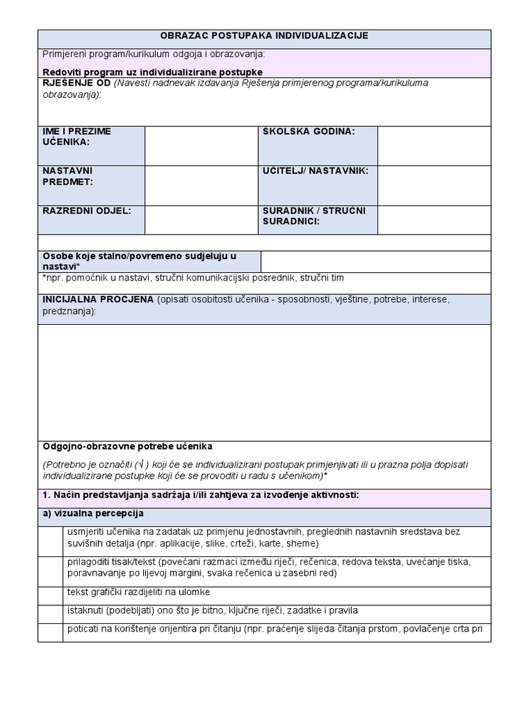 Obrazac Postupaka Individualizacije | PDF