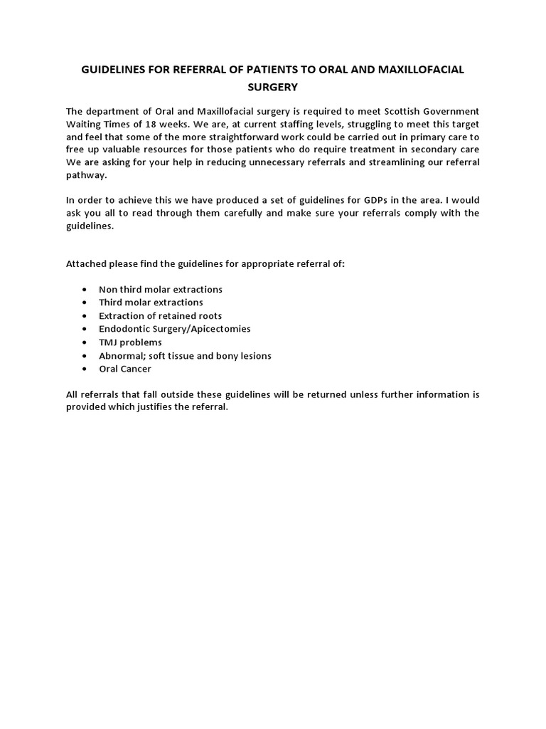 Guidelines For Referral of Patients To Oral and Maxillofacial Surgery ...