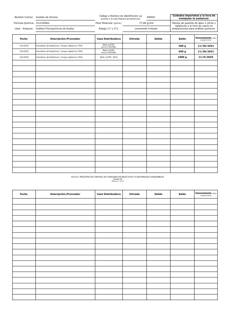 Formato para Control de Uso y Consumo de Reactivos - Lab Ensayos | PDF | Reactivo | Materiales