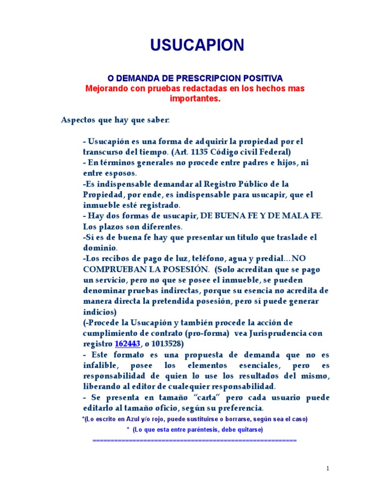 Modelo de Demanda de Usucapión | PDF | Propiedad | Justicia
