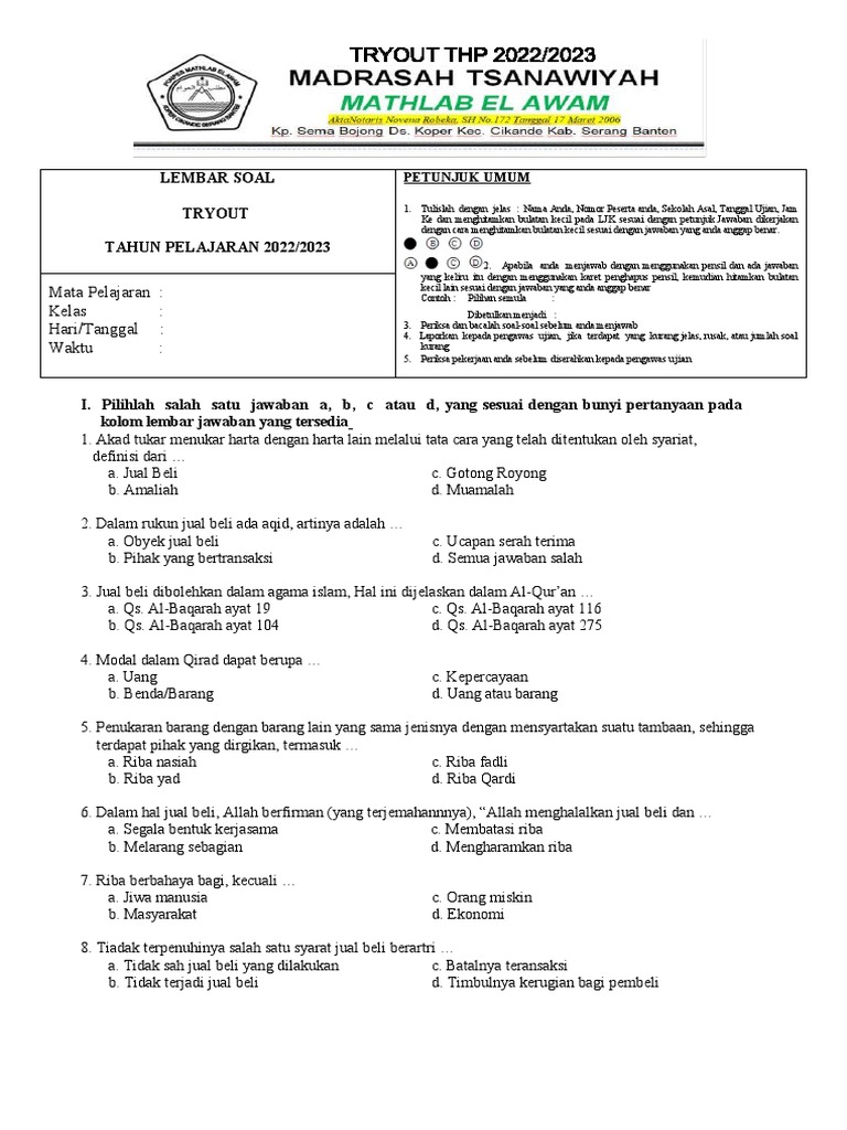 Contoh Lembar Soal MTS | PDF