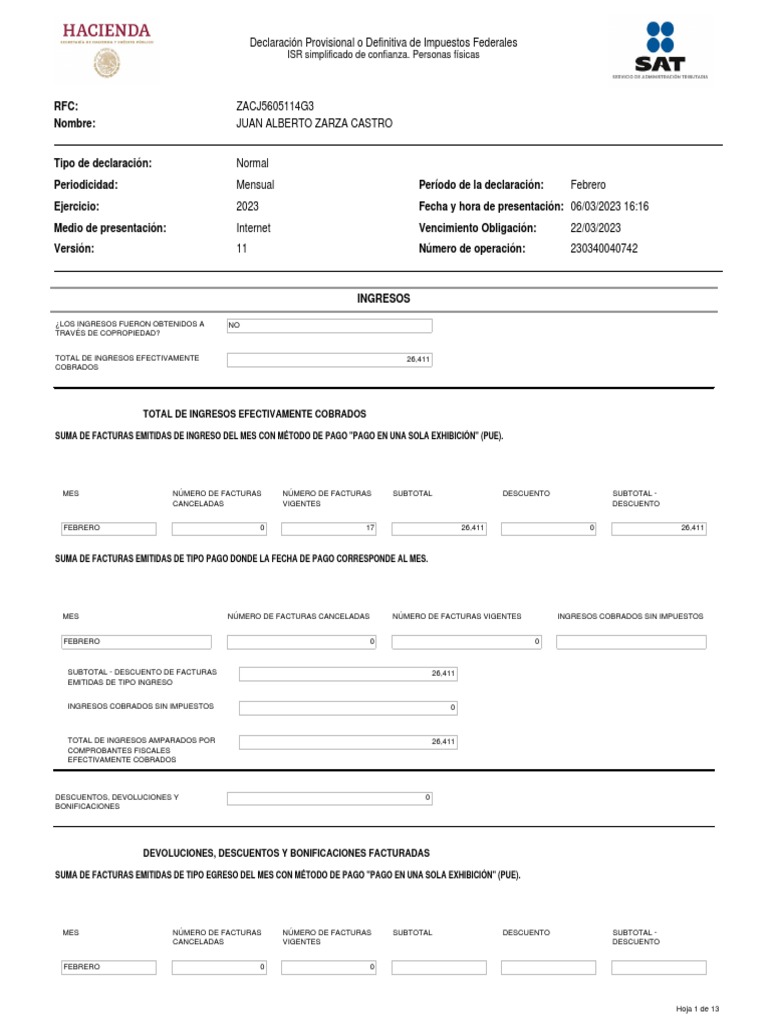 RFC: Nombre:: Declaración Provisional o Definitiva de Impuestos Federales | PDF | Impuesto sobre ...