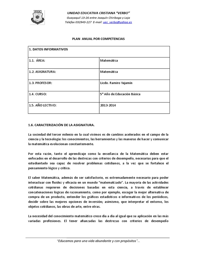 Matem ° PLAN ANUAL POR COMPETENCIAS | PDF | Matemáticas | Aprendizaje