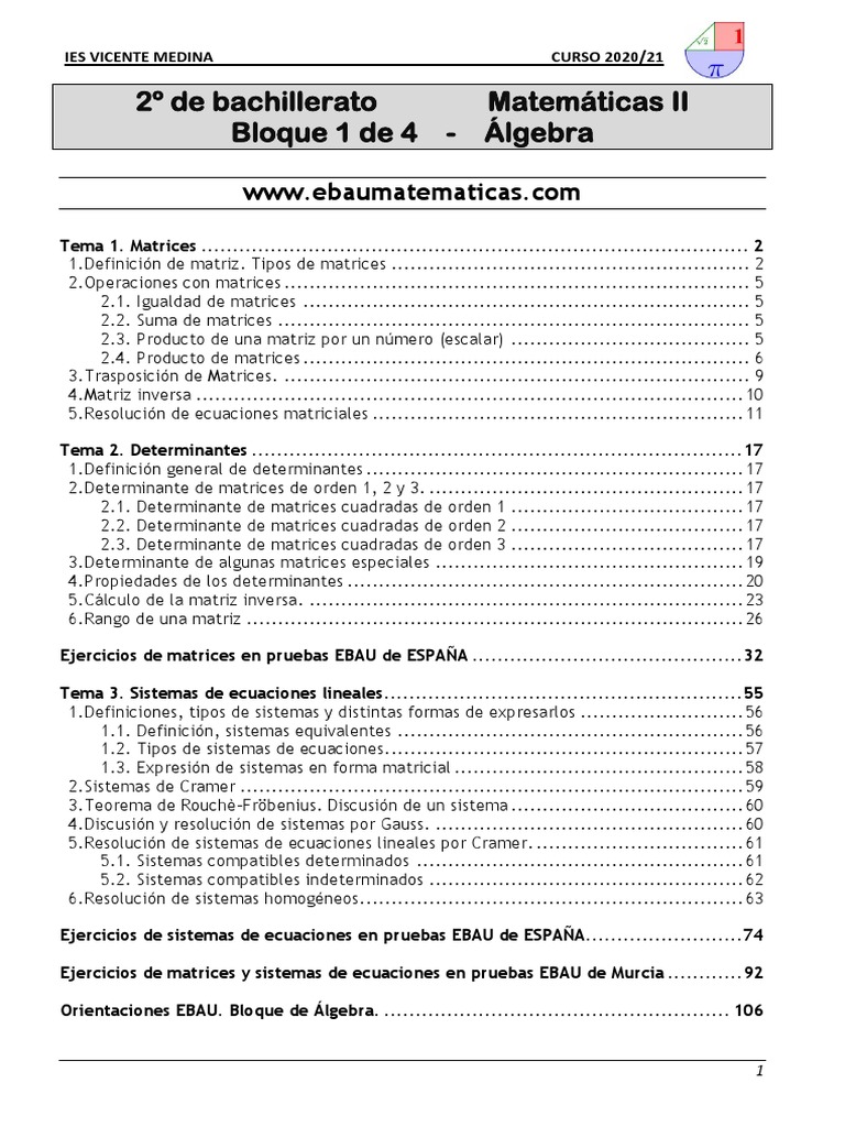 2º de Bachillerato Matemáticas II Bloque 1 de 4 - Álgebra | PDF | Matriz (Matemáticas ...