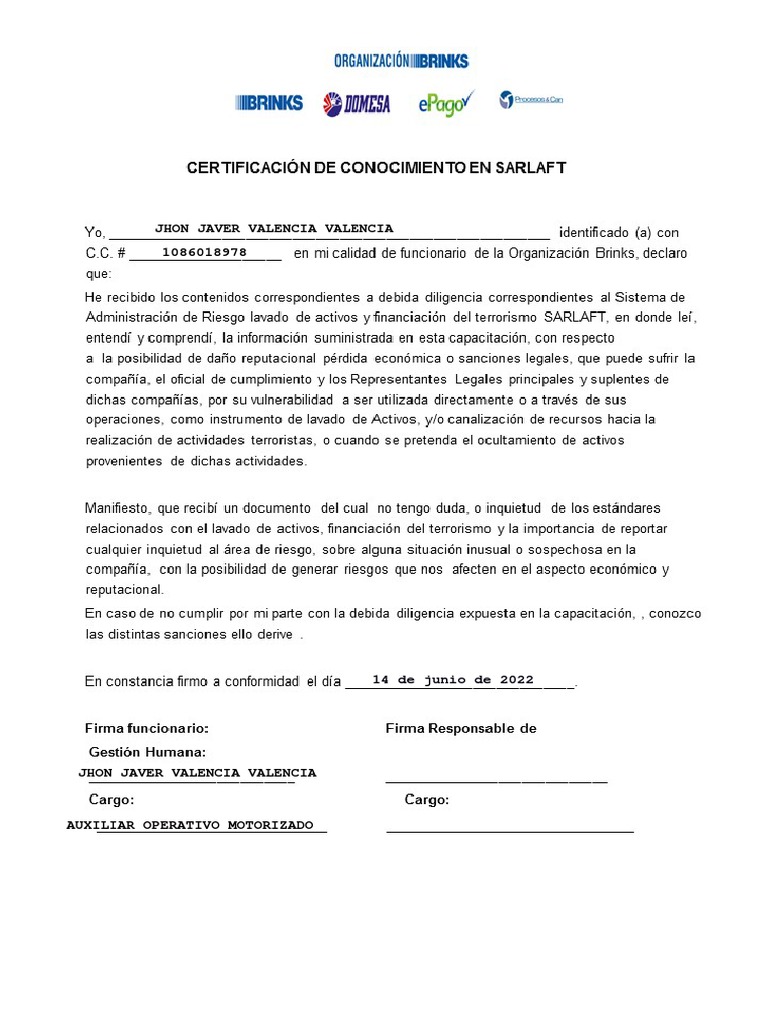 Certifico - SARLAFT Domesa 5 | PDF