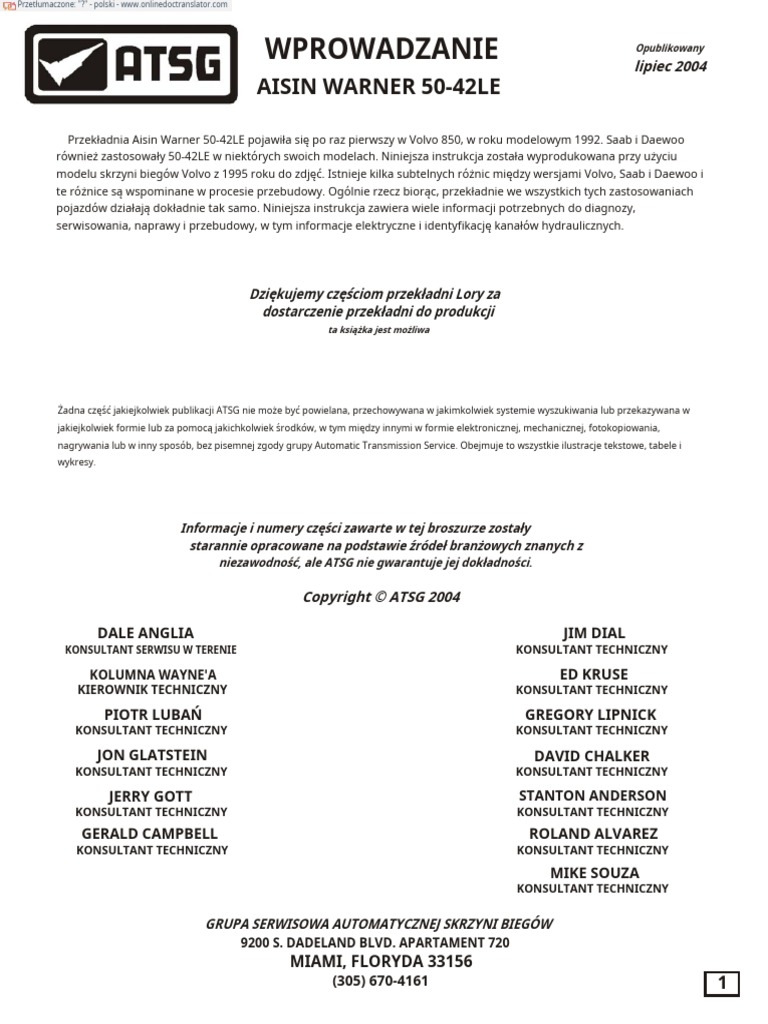 Wprowadzanie: Aisin Warner 50-42le | PDF