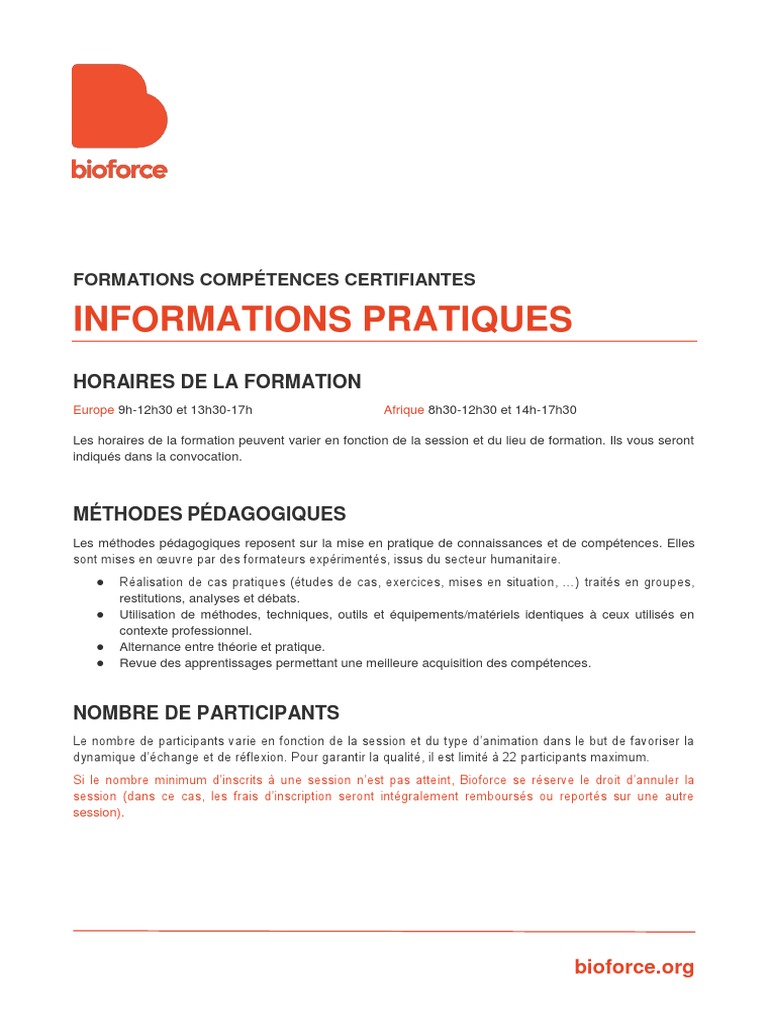 Formations Bioforce : Infos Pratiques | PDF