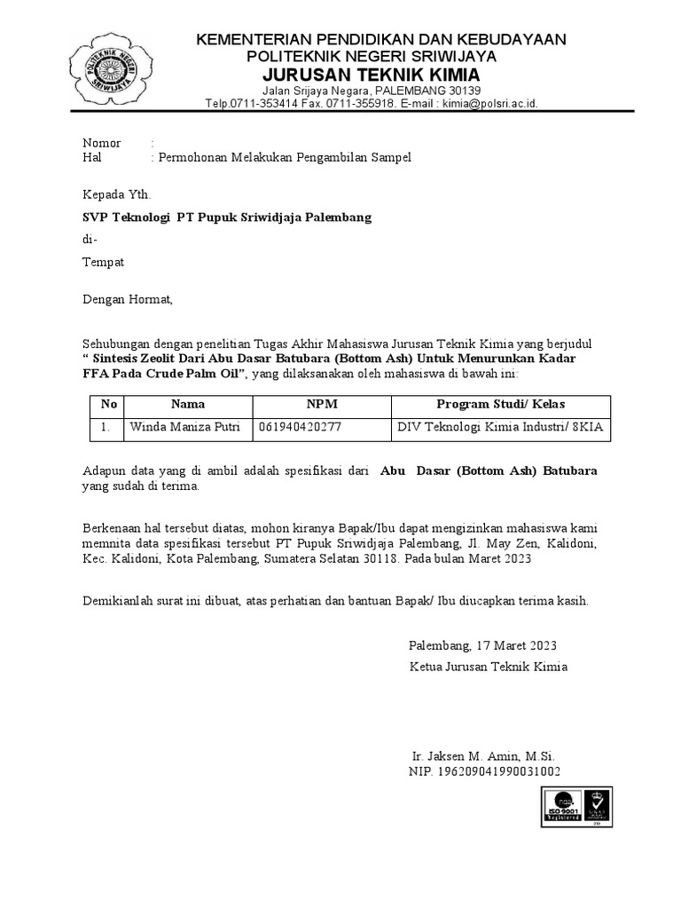 Surat Permohonan Pengambilan Sampel | PDF