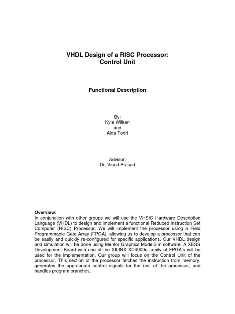 VHDL Design of A RISC Processor: Control Unit: Functional Description | PDF | Instruction Set | Vhdl