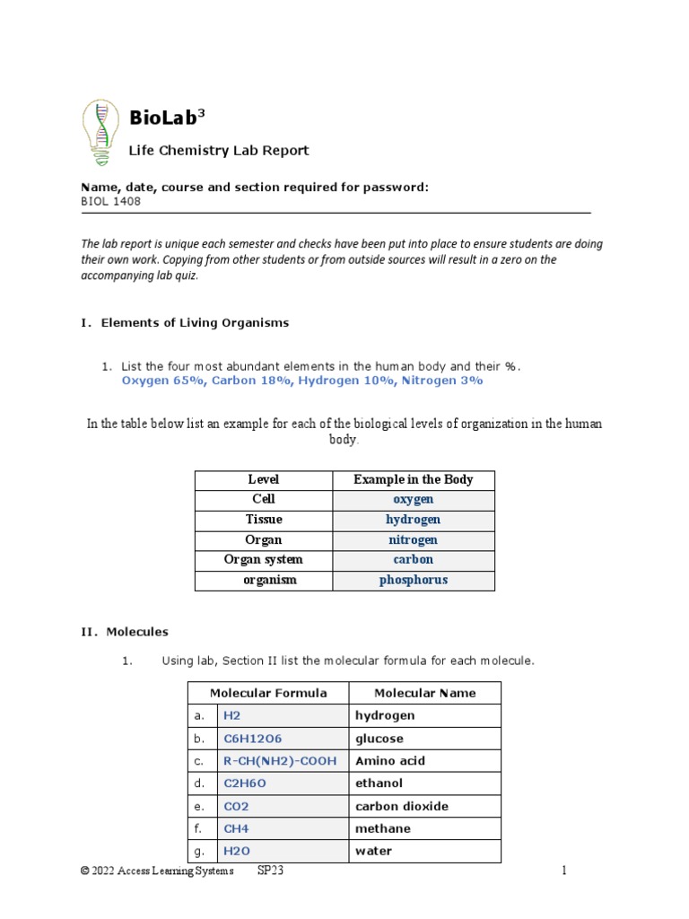 Biol 1408 - BioLab 3 - Life - Chemistry | PDF | Acid | Iodine