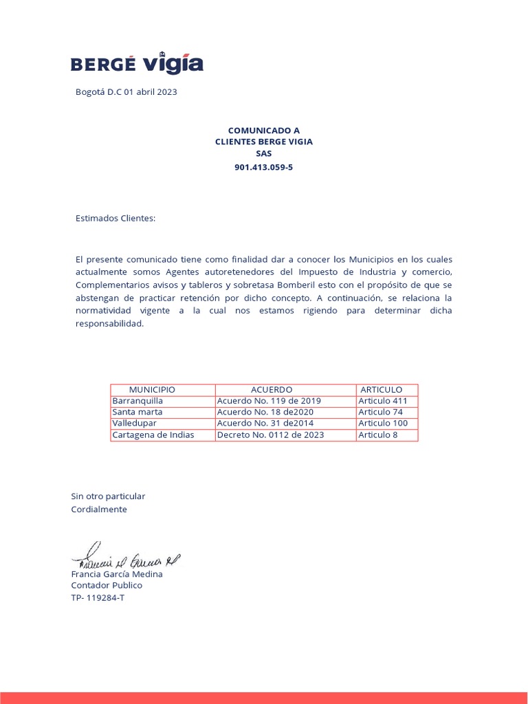 Comunicado Clientes Berge Vigia | PDF
