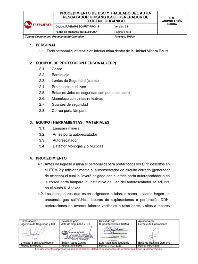 RA-RAU-SSO-PUT-PRO-15 Procedimiento de Uso y Traslado Del Auto-Rescatador Gokang K-S30-Ok | PDF ...