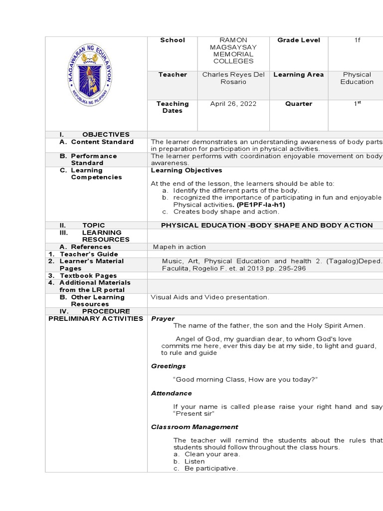 Del Rosario Lesson Plan in Pe Final Na Gyod.. Bahala Na.. | PDF | Learning | Teachers