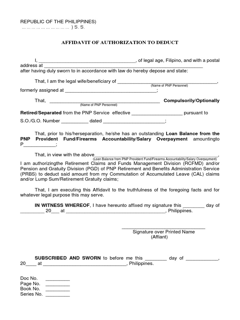 PNP Affidavit for Loan Deduction Authorization | PDF