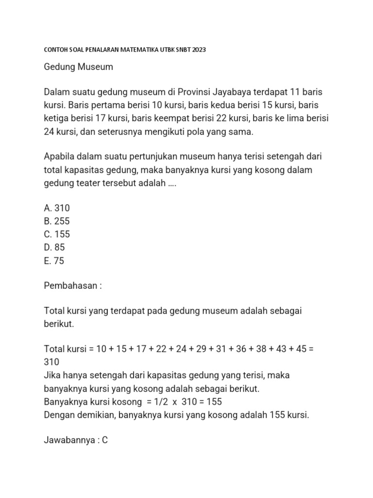 Contoh Soal Penalaran Matematika Utbk SNBT 2023 | PDF | Metode & Bahan Ajar