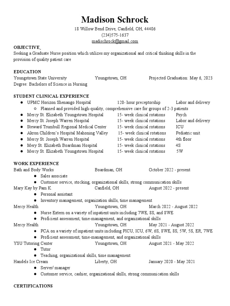 Madison Schrock Resume | PDF | Hospital | Nursing