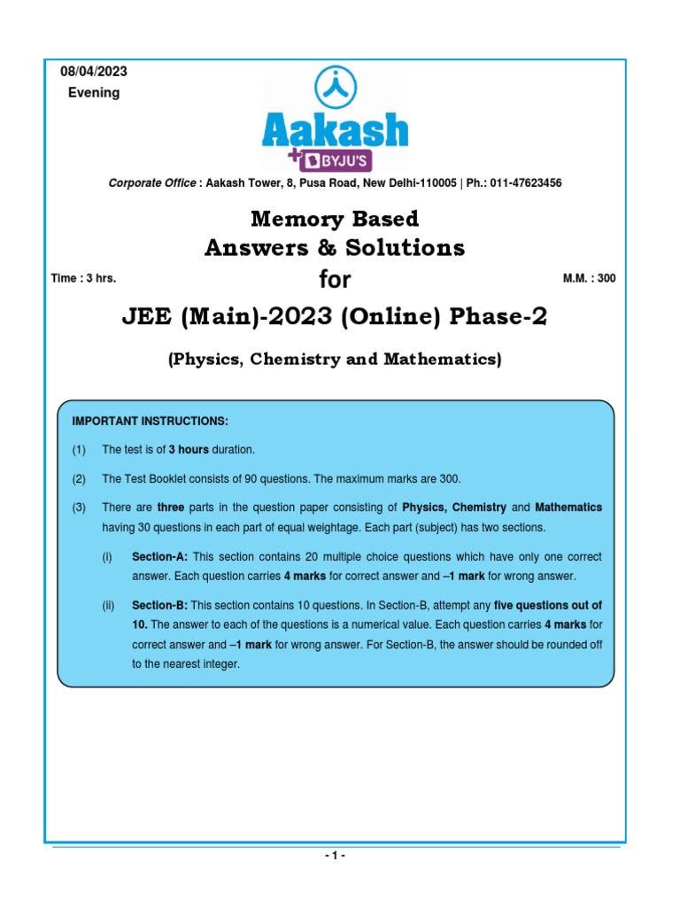 Ans Sol - JEEMain 2023 - PH 2 - 08 04 2023 - Evening | PDF | Materials ...