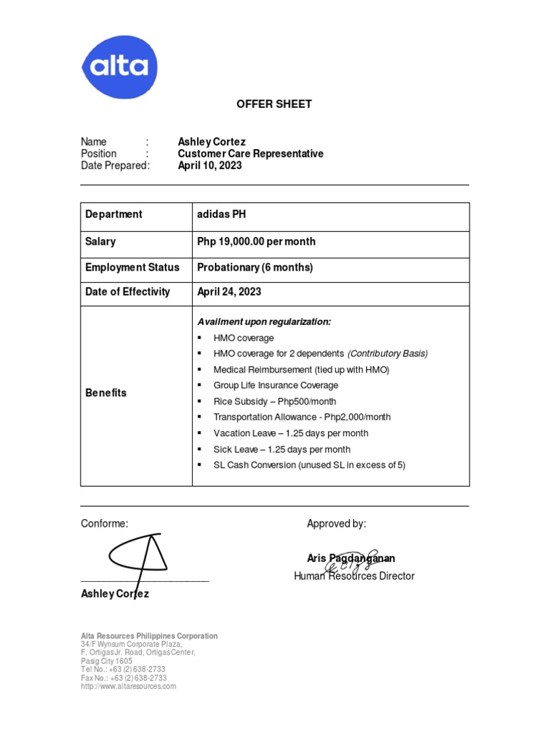 Ashley Cortez Offer Sheet Details | PDF