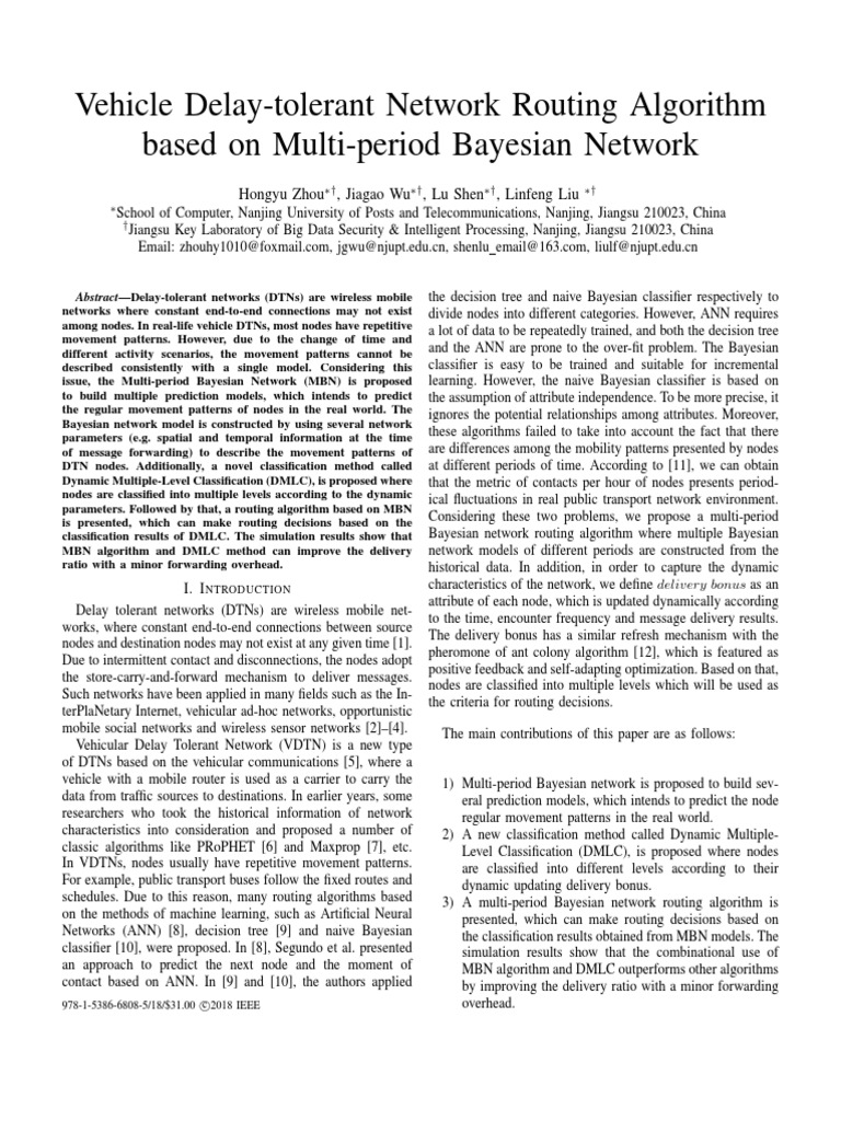 Vehicle Delay Tolerant Network Routing Algorithm Based On Multi Period Bayesian Network Pdf