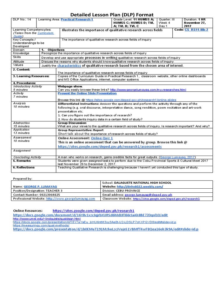 Detailed Lesson Plan (DLP) Format | PDF | Qualitative Research | Cognition