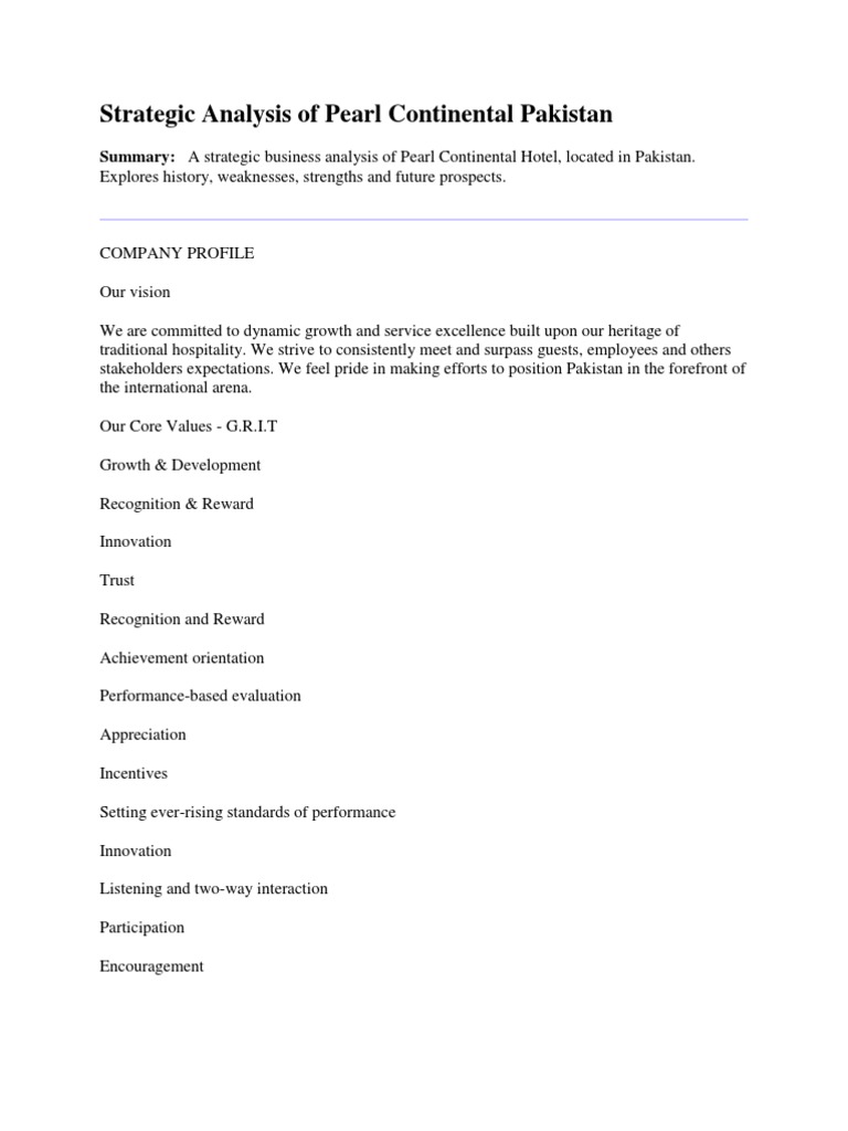 Strategic Analysis of Pearl Continental Pakistan | PDF | Hotel | Swot ...