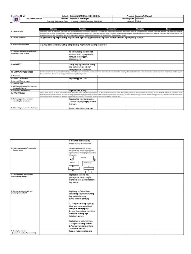 DLL Filipino 7 Third | PDF | Learning | Teachers