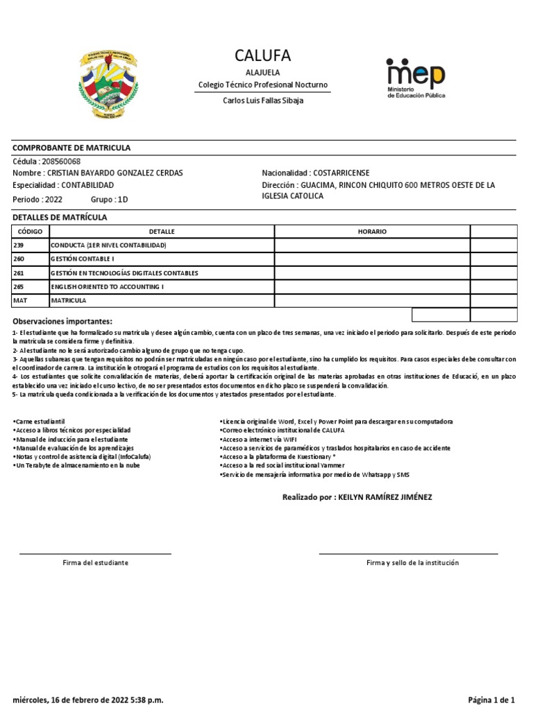 Calufa: Comprobante de Matricula | PDF | Informática