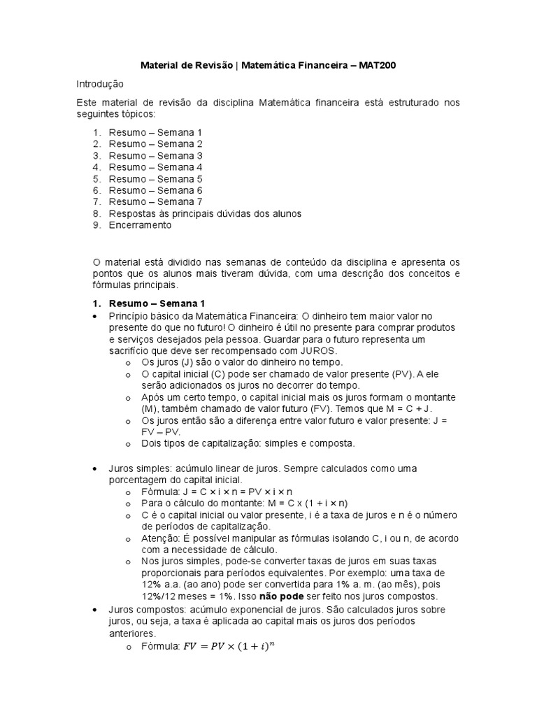 Resumo Matemática Financeira | PDF | Juros | Renda fixa