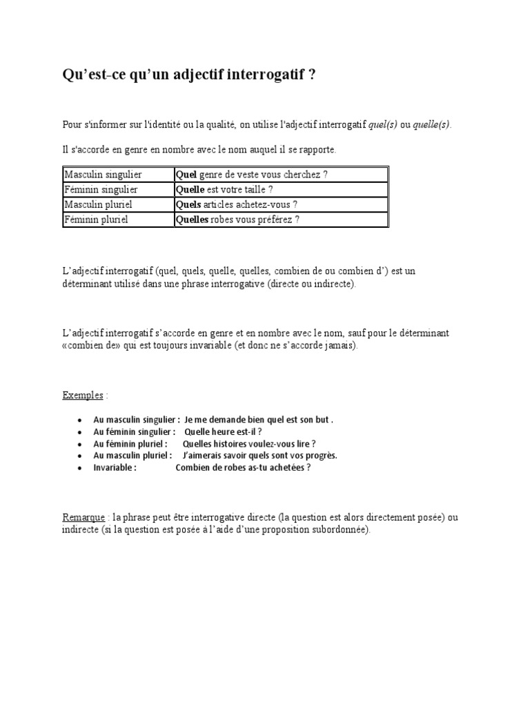 Adjectifs interrogatifs en français | PDF | Question | Genre grammatical