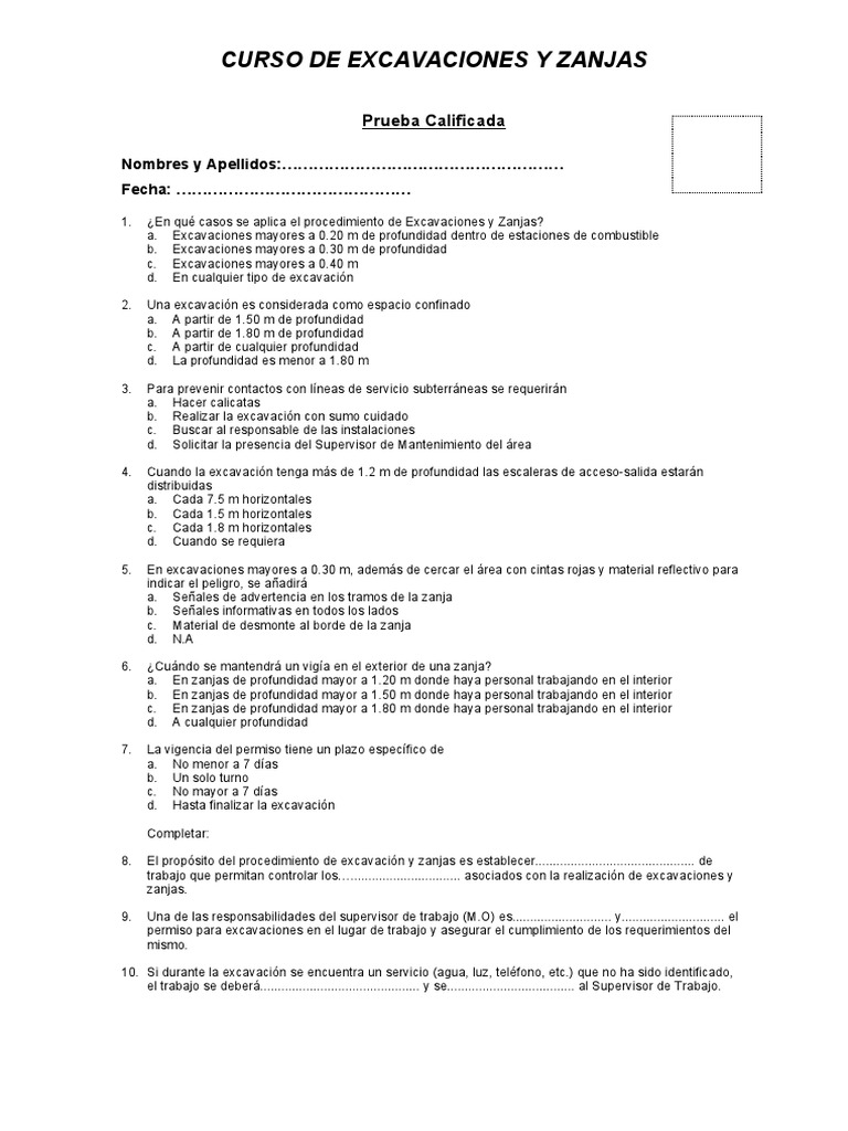 Curso de Excavaciones Y Zanjas: Nombres y Apellidos: Fecha | PDF ...