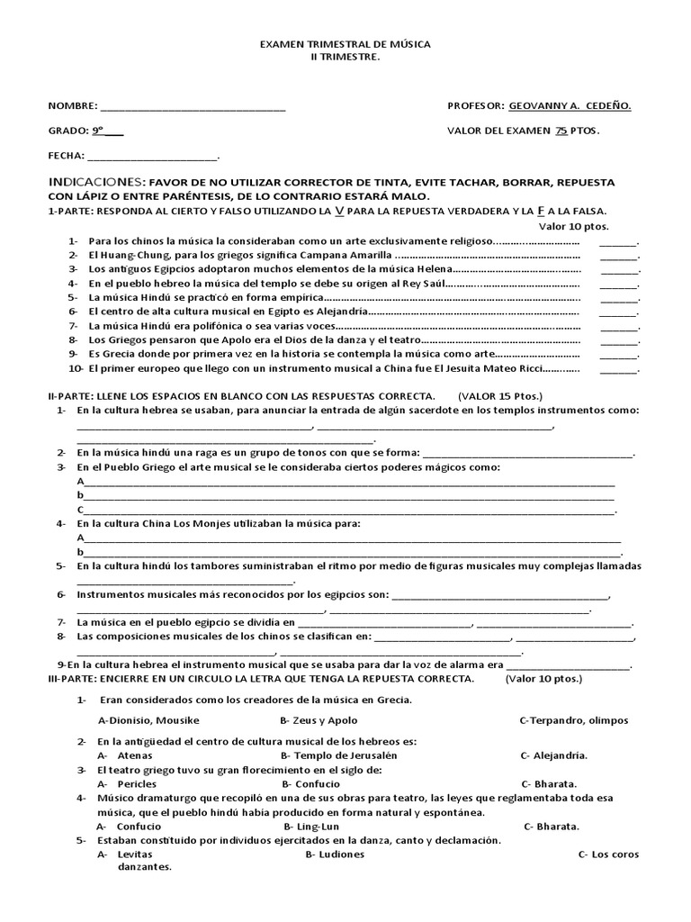 Examen Trimestral de Música 9° Grado | PDF | Instrumentos musicales ...