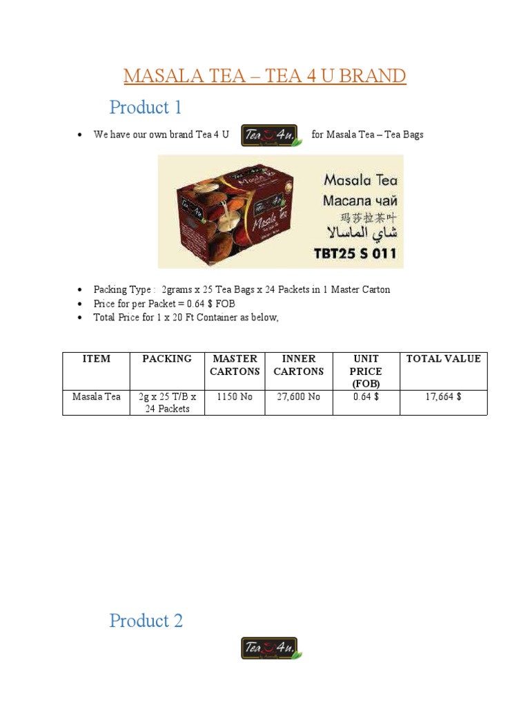 Masala Tea Products - Tea 4 U Brand | PDF | Cooking, Food & Wine | Wellness