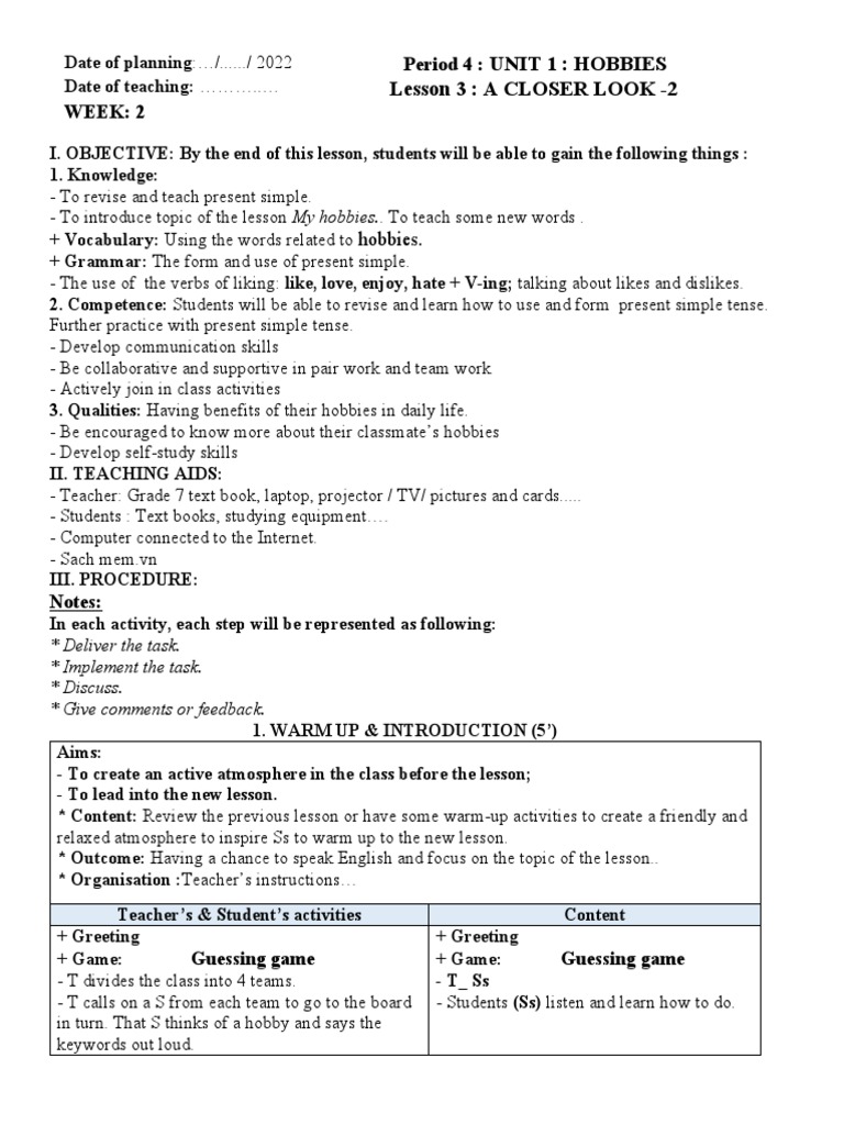 Week: 2 Period 4:: Unit 1: Hobbies Lesson 3: A CLOSER LOOK - 2 ...