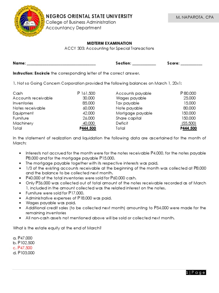 ACCY 303 - Midterm Examination | PDF | Book Value | Franchising