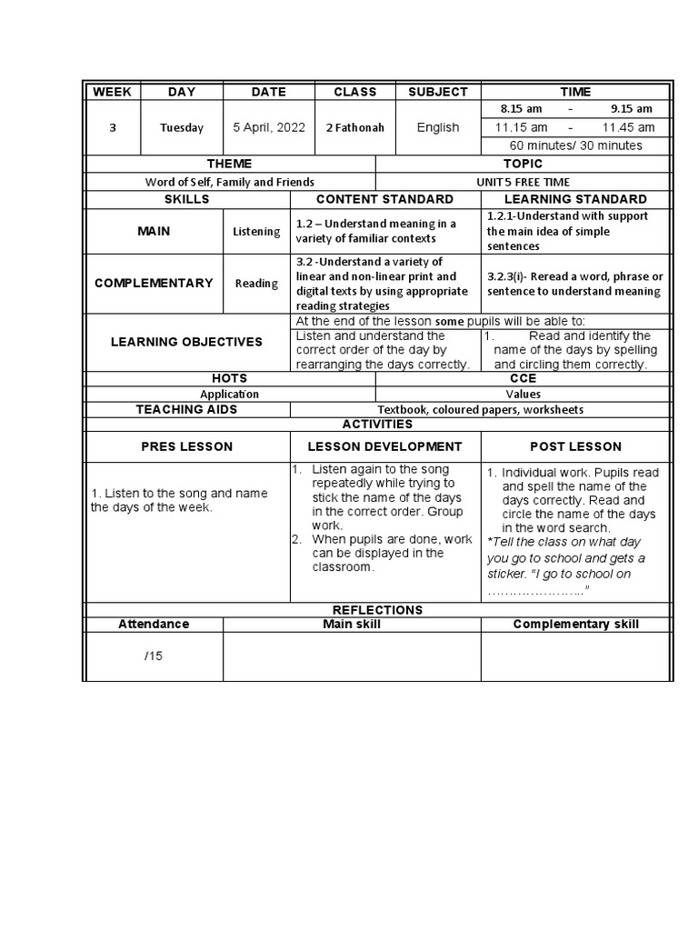 RPH BI Year 2 W3 Tues 2022 FreeTime | PDF | Pedagogy | Human Communication