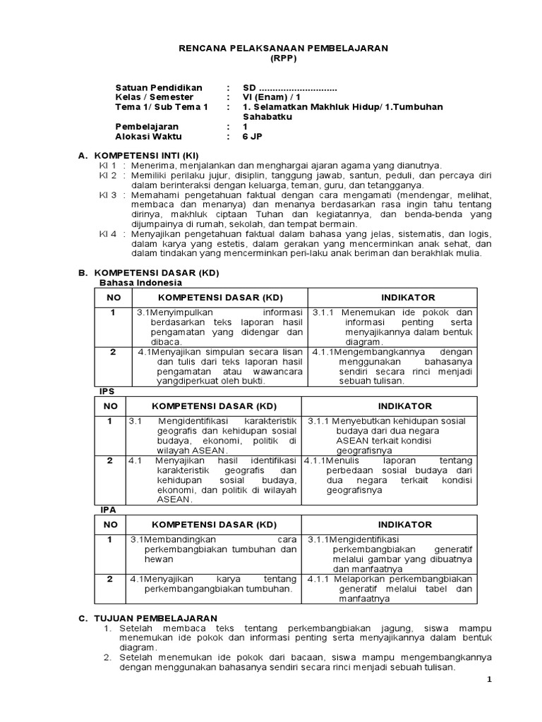 RPP Kelas 6 SD K13 Tema 1.1 | PDF