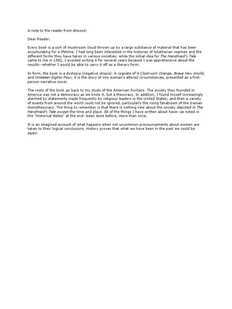 A Note To The Reader From Atwood | PDF