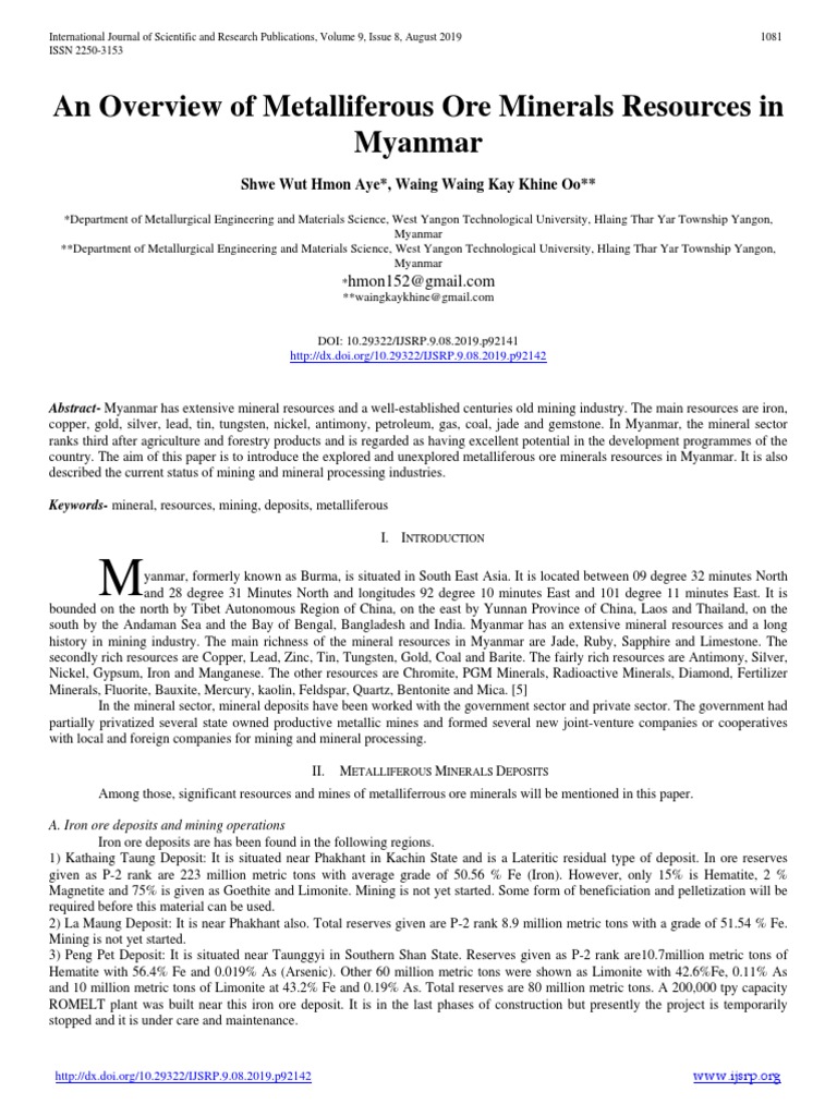 An Overview of Metalliferous Ore Minerals Resources in Myanmar | PDF | Mining | Iron Ore