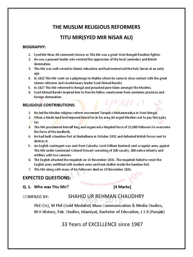 The Muslim Religious Reformers Titu Mir Syed Mir Nisar Ali