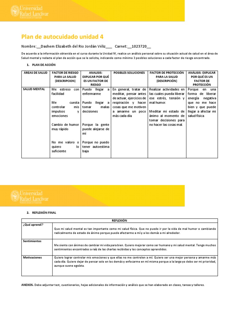 Plan de Autocuidado Unidad 4 (1) - Dashem Jordán | PDF | Humor | Salud ...
