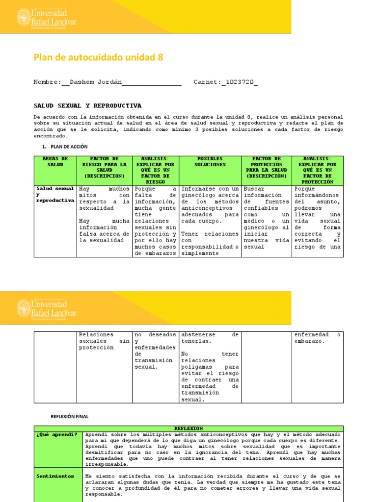 Plan de Autocuidado Unidad 8 - Dashem Jordán | PDF | Sexualidad | El embarazo