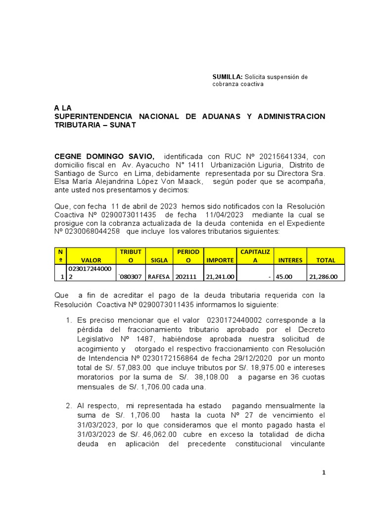 Solicitud de suspensión de cobranza SUNAT | PDF | Sentencia (ley ...
