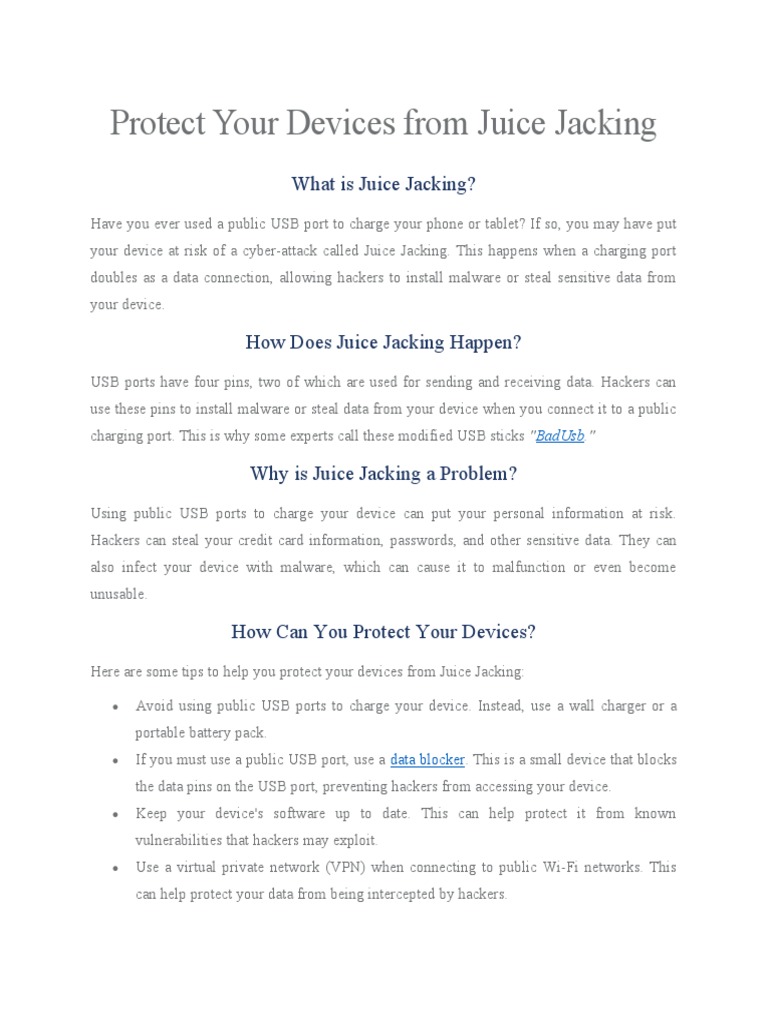Protect Your Devices From Juice Jacking | PDF | Malware | Usb