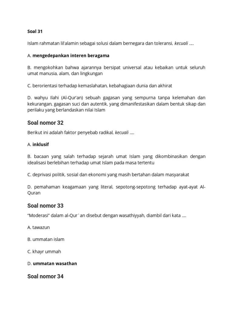 Contoh Soal Moderasi Beragama Part 4 | PDF